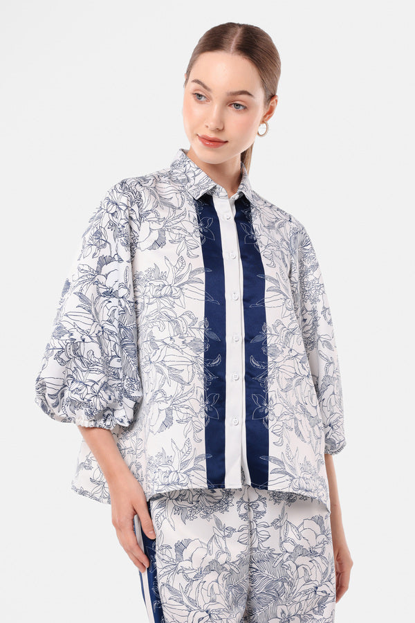 MINIMAL - Alaina - Blouse Motif Bunga Lengan Balon - Dark Blue – Minimal Store ID