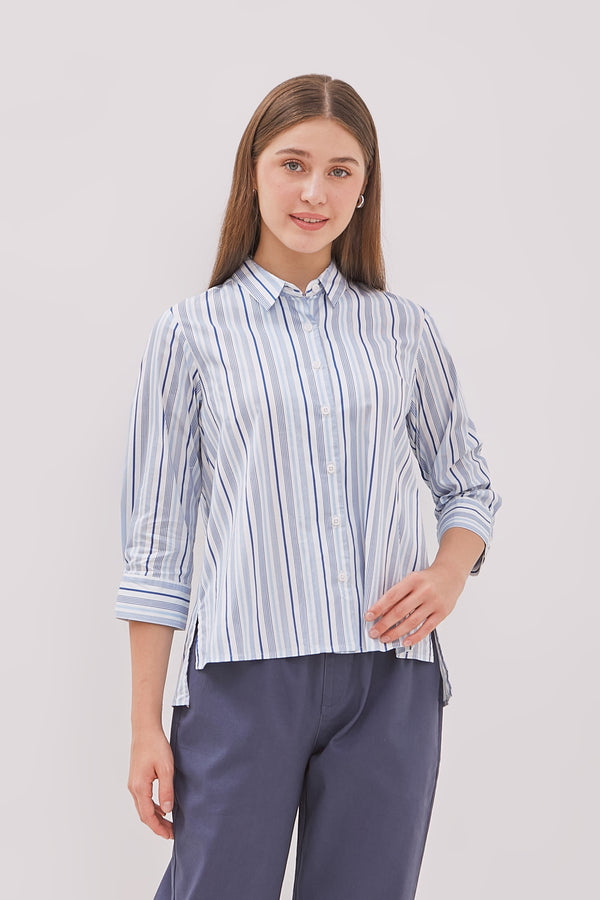MINIMAL - Dayana - Kemeja Kerah V Motif garis - Blue – Minimal Store ID