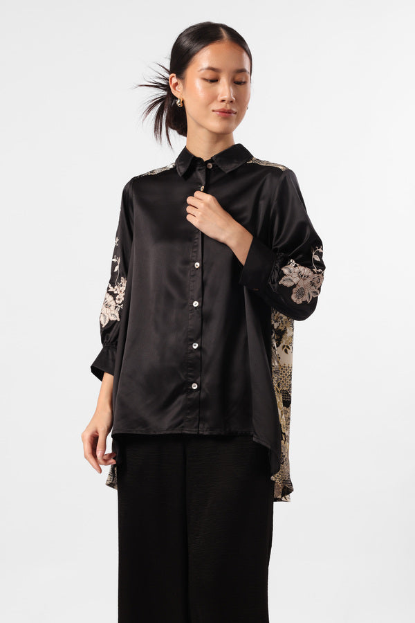 MINIMAL - Leandra - Kemeja Satin Bordir Bunga - Black – Minimal Store ID