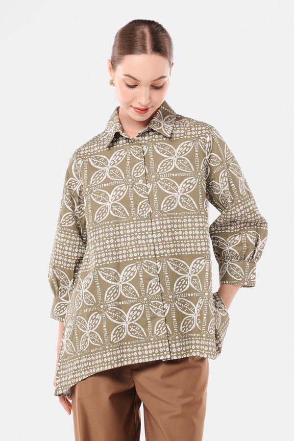 MINIMAL - Malya - Kemeja A Line Motif Kawung - Olive – Minimal Store ID