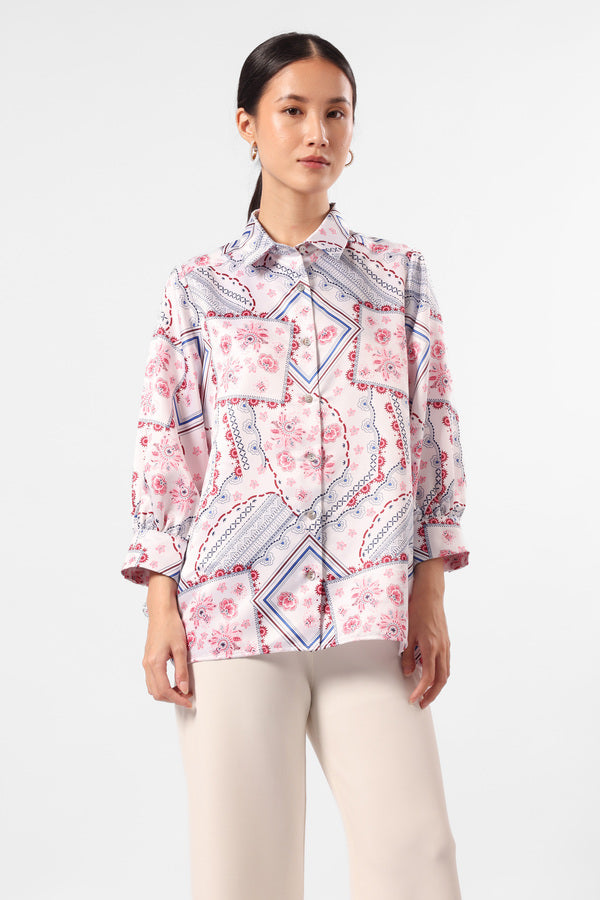 MINIMAL - Giandra - Kemeja Satin Motif Etnik - White – Minimal Store ID