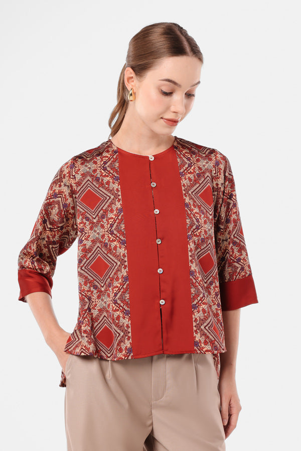 MINIMAL - Danastri - Geometric Floral Satin Blouse - Red – Minimal Store ID