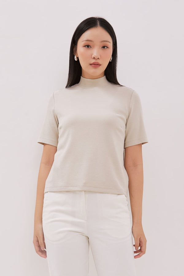 MINIMAL - Penny - Atasan Rib Kerah High Neck - Beige – Minimal Store ID