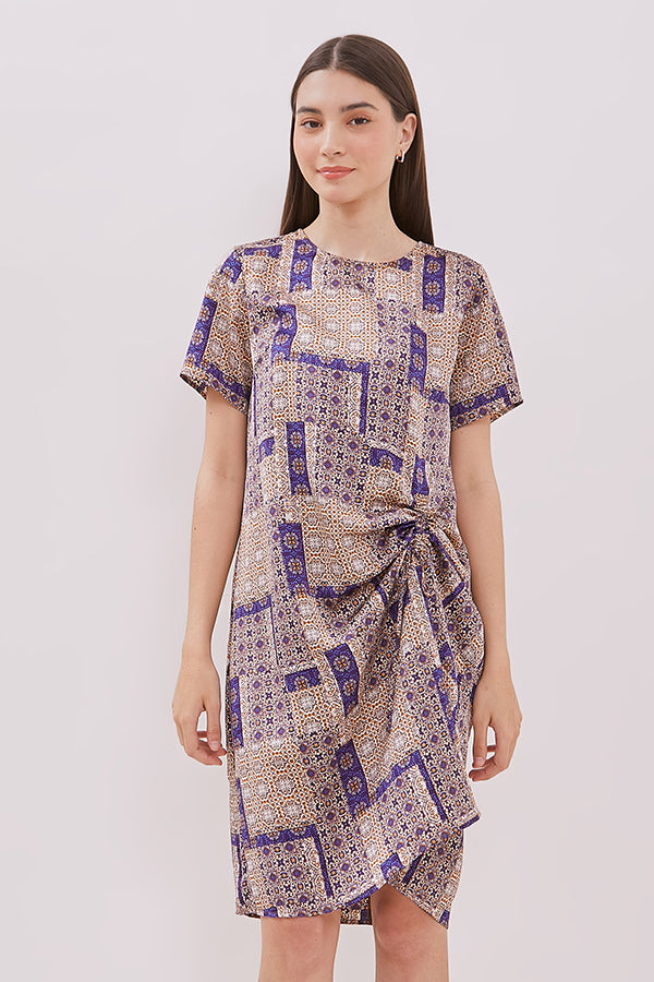 MINIMAL - Malika - Dress Serut Motif Tenun Bunga - Navy – Minimal Store ID